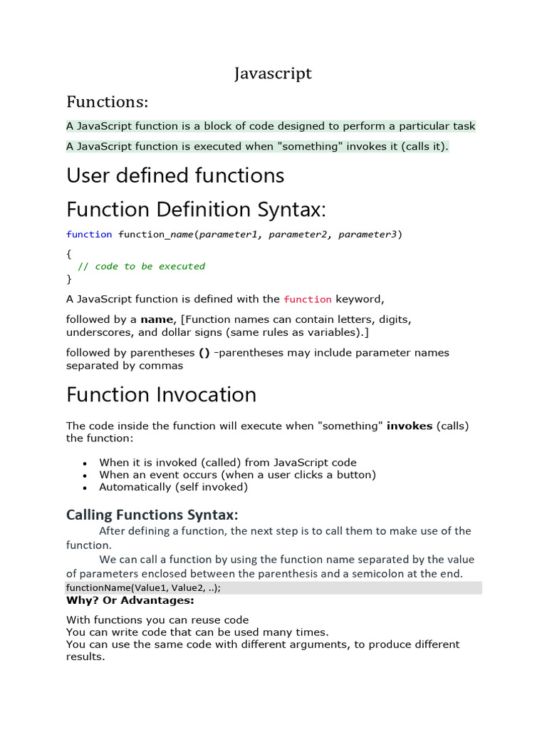 Functions In Javascript Pdf Document Object Model Java Script