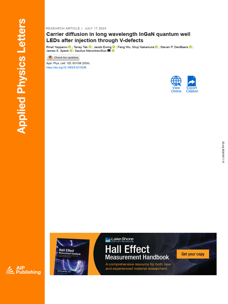 Yapparov R - 2024 - Carrier Diffusion in Long Wavelength InGaN Quantum Well LEDs After Injection ...