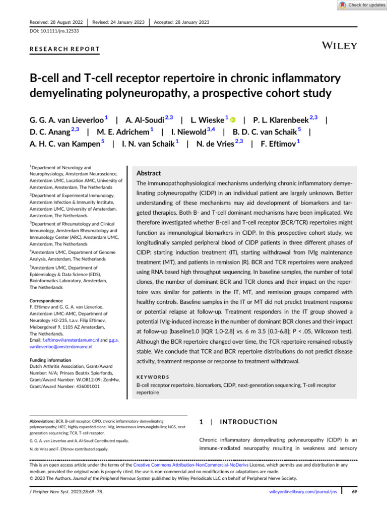 J Peripheral Nervous Sys - 2023 - Lieverloo - B Cell and T Cell Receptor Repertoire in Chronic ...