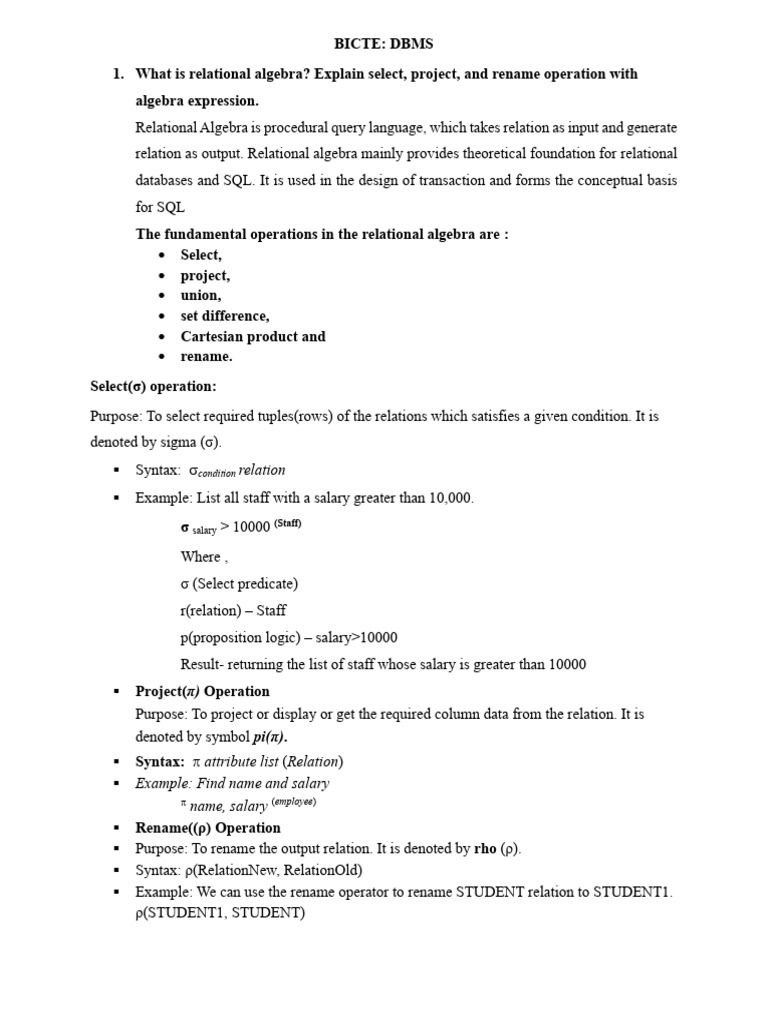 BICTE Dbms Important Questions | PDF | Relational Model | Relational ... BICTE Dbms Important Questions | PDF | Relational Model | Relational ...