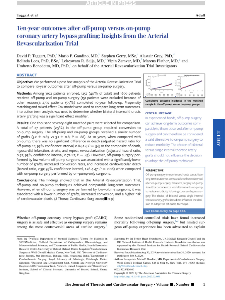 Ten-Year Outcomes After Off-Pump Versus On-Pump Coronary Artery Bypass ...