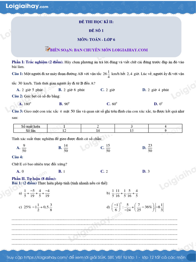 De Kiem Tra Hoc Ki 2 Toan 6 de So 1 Chan Troi Sang Tao 1679563870 | PDF