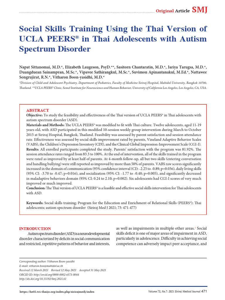 Social Skills Training Using The Thai Version of Ucla Peers in Thai Adolescents With Asd | PDF ...