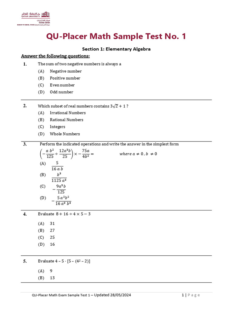 QU-Placer Math Sample Test No.1 (May 2024) | PDF | Numbers | Integer