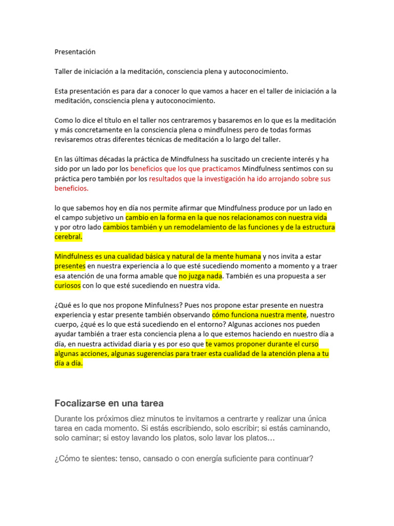 pdf presentación mindfulness | PDF | Experiencia | Mente