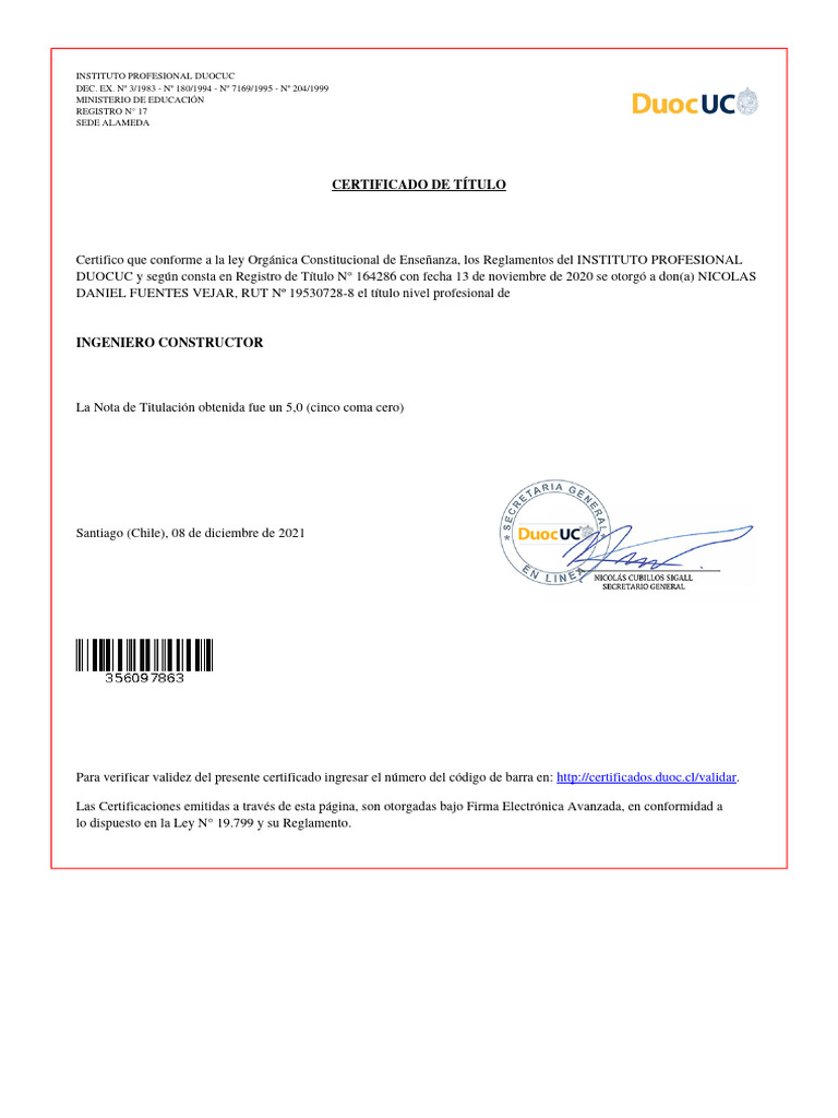 Certificado de Título: Ingeniero Constructor | PDF | Negocios ...