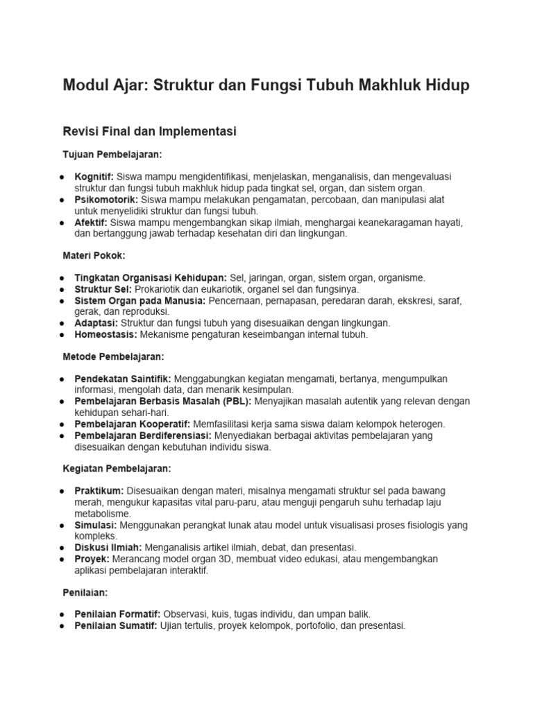 Modul Ajar - Struktur Dan Fungsi Tubuh Makhluk Hidup | PDF