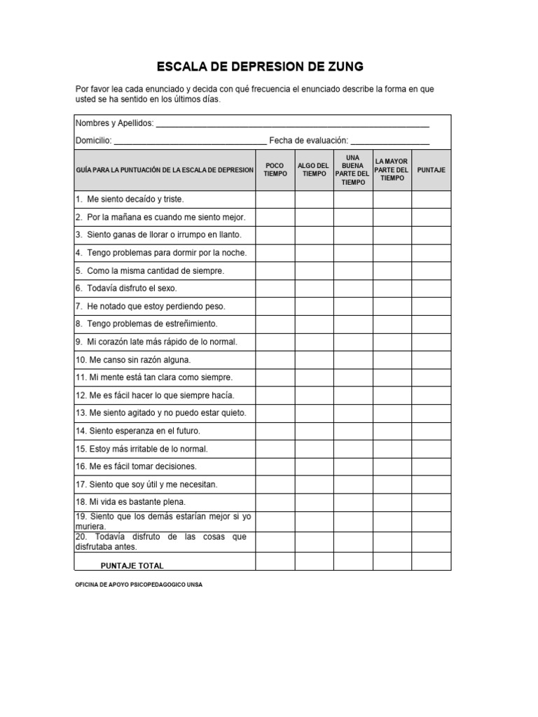 Escala de Depresion y Ansiedad de Zung | PDF | Depresión (estado de ánimo)