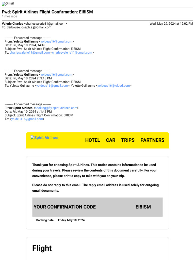 Gmail - FWD - Spirit Airlines Flight Confirmation - EI8ISM | PDF