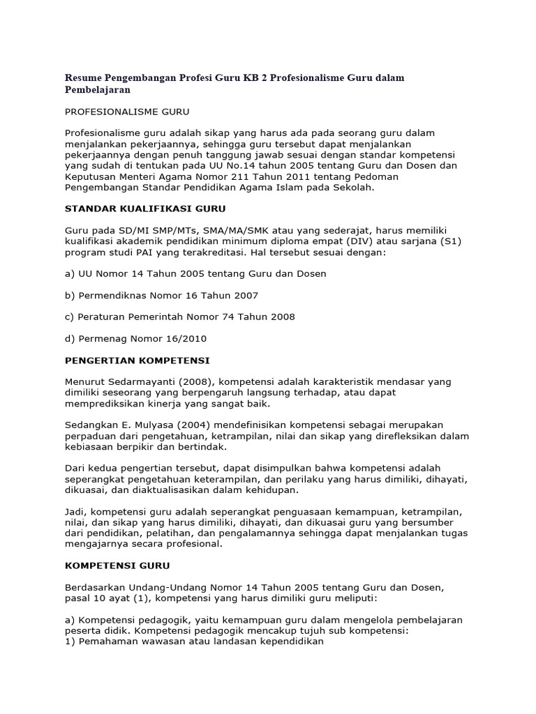 Resume Pengembangan Profesi Guru KB 2 Profesionalisme Guru Dalam Pembelajaran | PDF | Karier ...