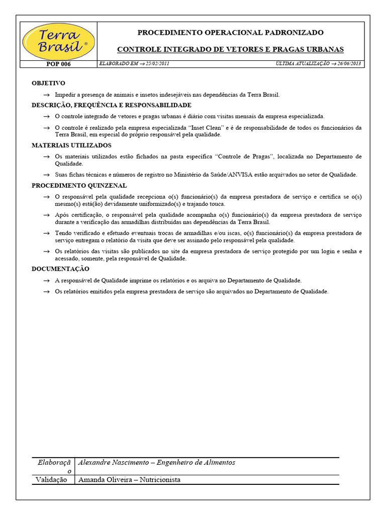 POP 006 - Controle Integrado de Vetores e Pragas Urbanas | PDF