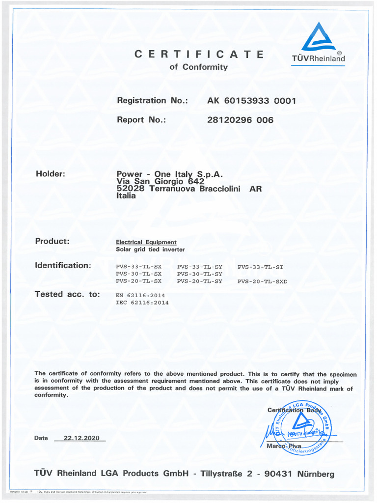 TUV - IEC 62116 Certificate - Ref. AK 60153933 0001 - Rev. 2020-12-22 | PDF