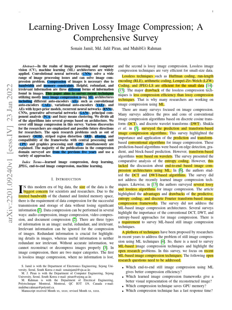 Learning-Driven Lossy Image Compression A Comprehensive Survey | PDF | Data Compression | Deep ...