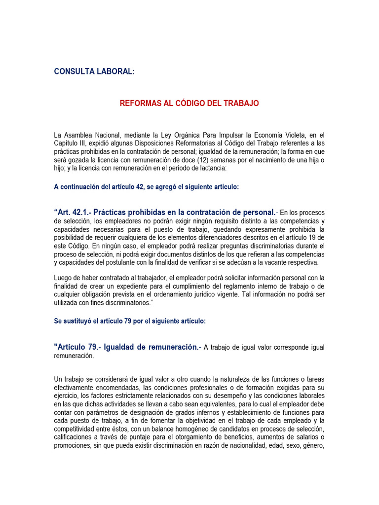 Reformas Al Código Del Trabajo | PDF | Derecho laboral | Salario