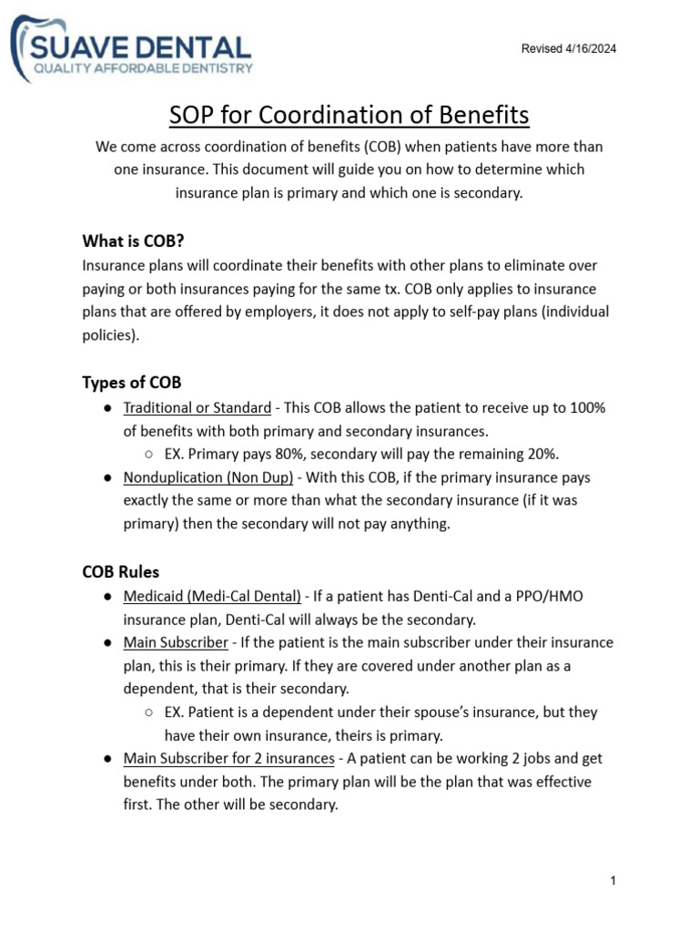 SOP For Coordination of Benefits (COB) | PDF | Insurance | Medicine
