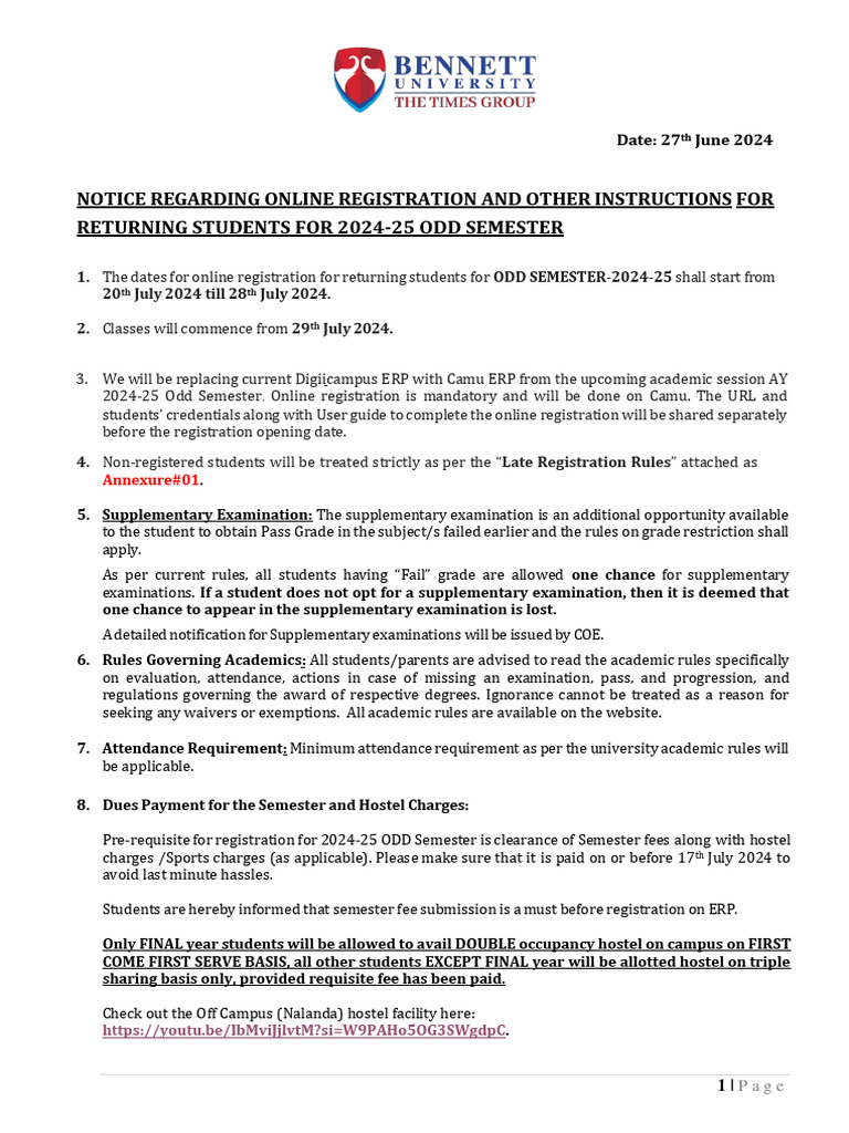 Guidelines For Fee Payment & Registration For AY 2024-25 - Returning ...