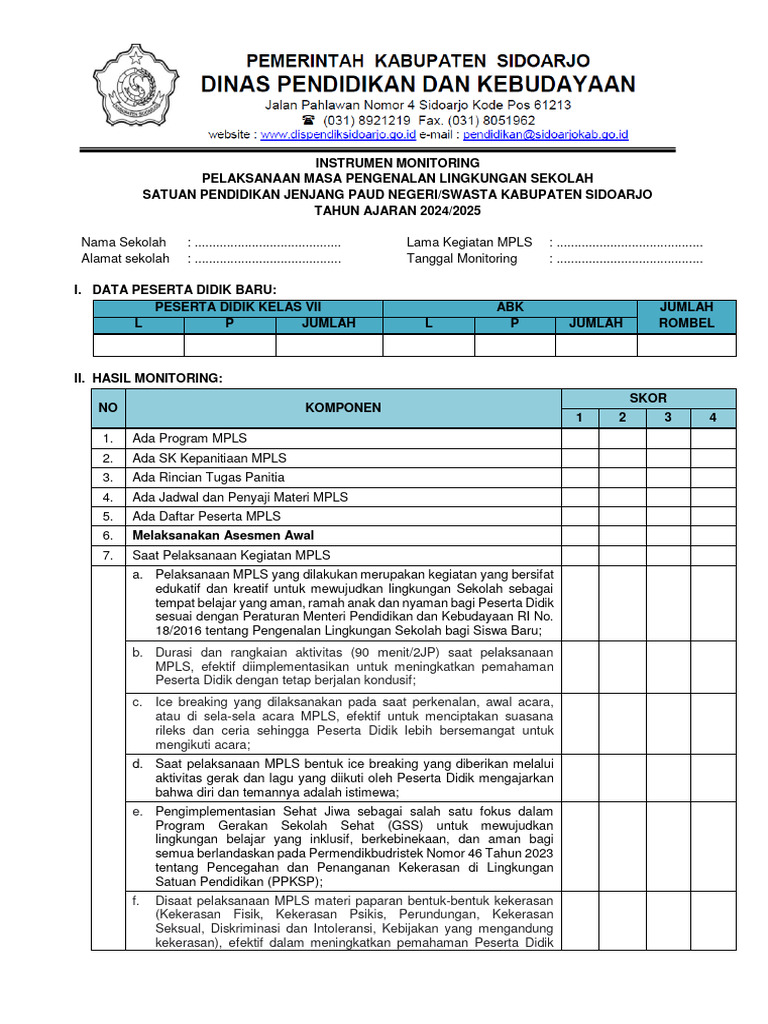 Instrumen Monitoring MPLS - Paud - Ta. 2024-2025 | PDF