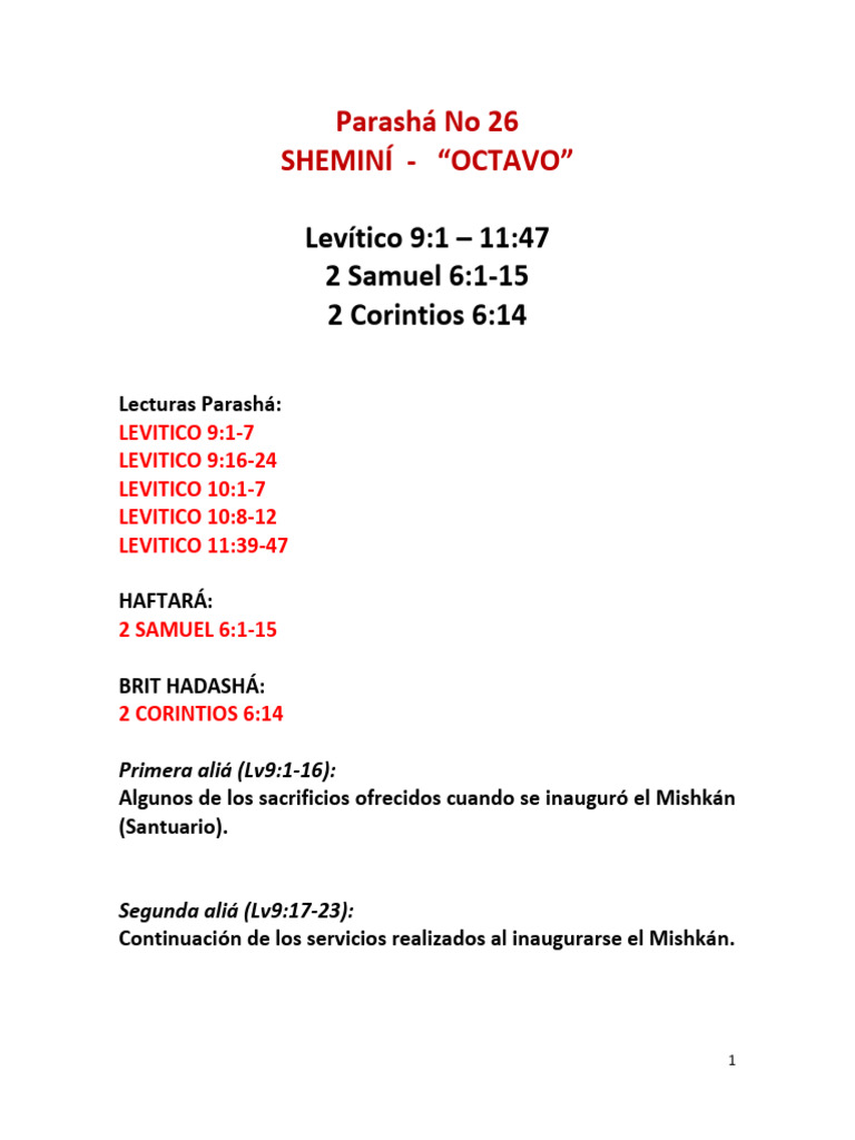 Parashat No 26 Sheminí | PDF | Libro de levítico | Libros de la Torá