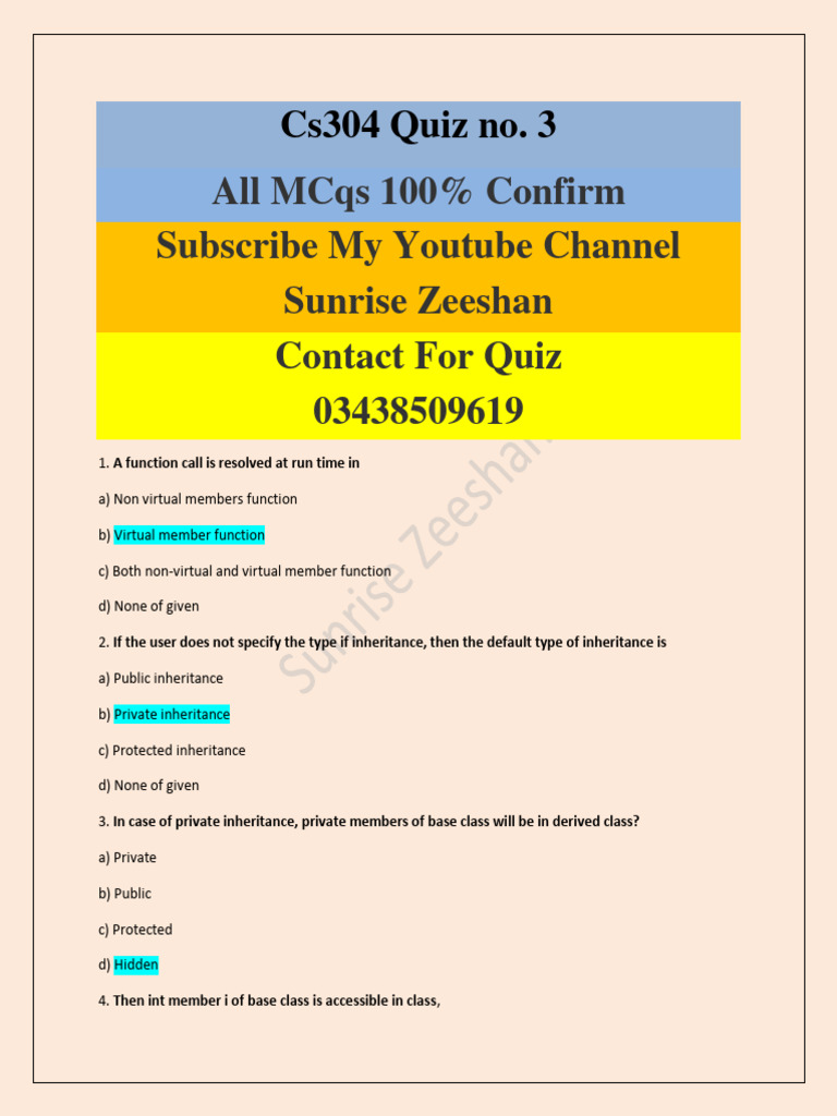 Cs304 Quiz 3 Sunrise Zeeshan | PDF | Class (Computer Programming) | Inheritance (Object Oriented ...