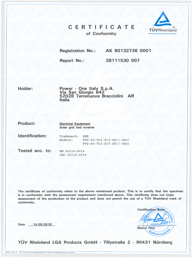 PVS-60 (50) - TL (TUeV, IEC 62116 Certificate, Ref. AK60132736 0001) ... | PDF