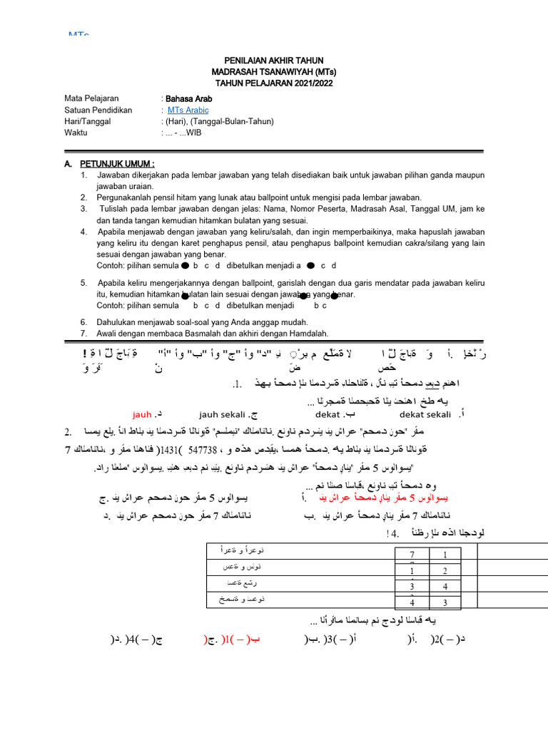 Soal PAT Bahasa Arab MTs Kelas 7 TP 2021-2022 - MTs Arabic | PDF