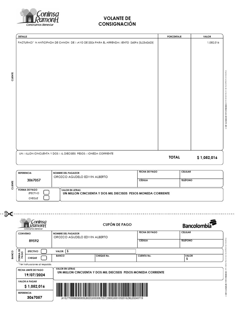 Volante de Consignación y Pago 2024 | PDF | Dinero | Bancario