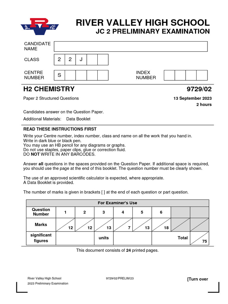 River Valley High H2 Chemistry Exam | PDF | Chemical Equilibrium ...