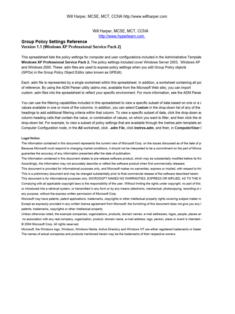 Windows Xp Group Policy Settings 2 Pdf Group Policy Microsoft