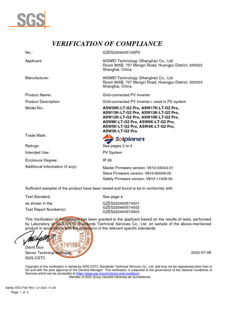 AISWEI PV Inverter Compliance Verification | PDF | Photovoltaics ...