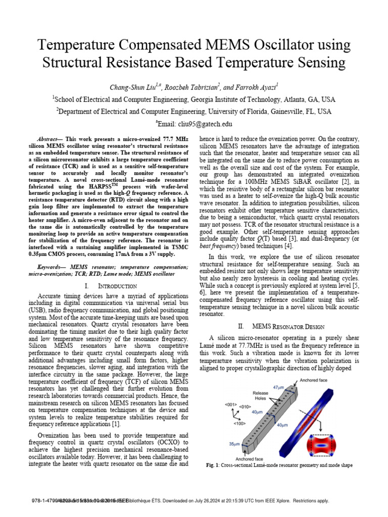Temperature Compensated MEMS Oscillator Using Structural Resistance Based Temperature Sensing ...