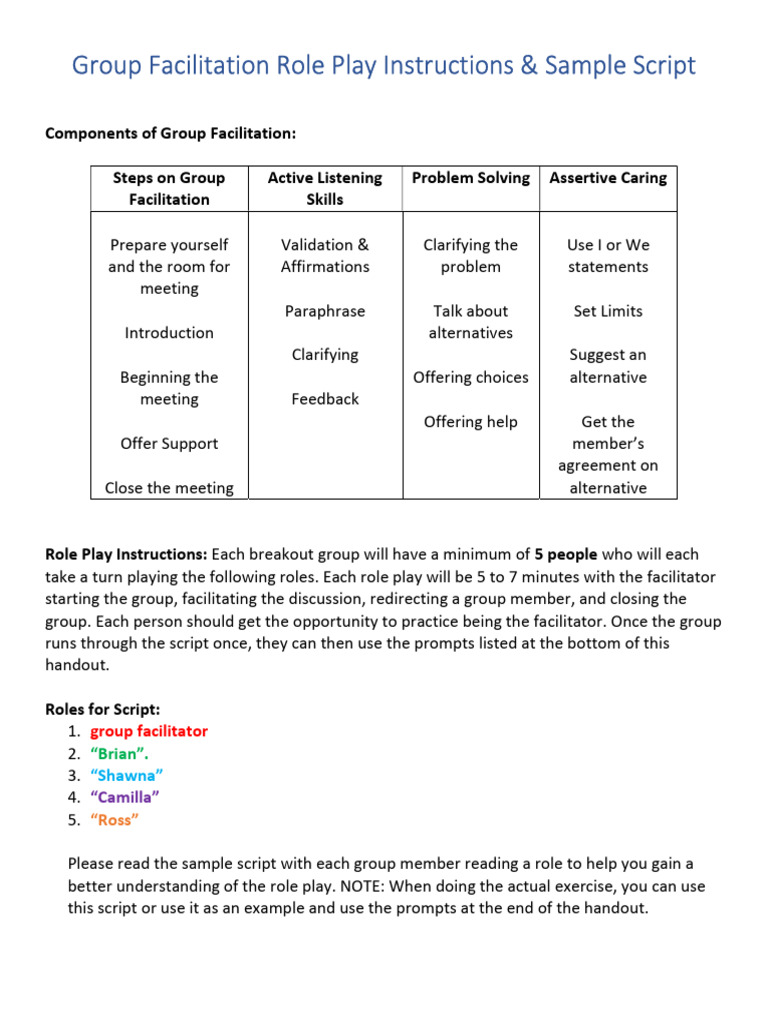 Group Facilitation Role Play Instructions & Sample Script | PDF ...