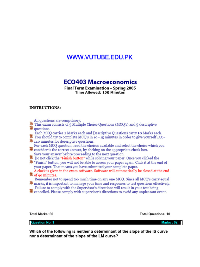 Macroeconomics - ECO403 Spring 2005 Final Term Paper | PDF | Money Supply | Money