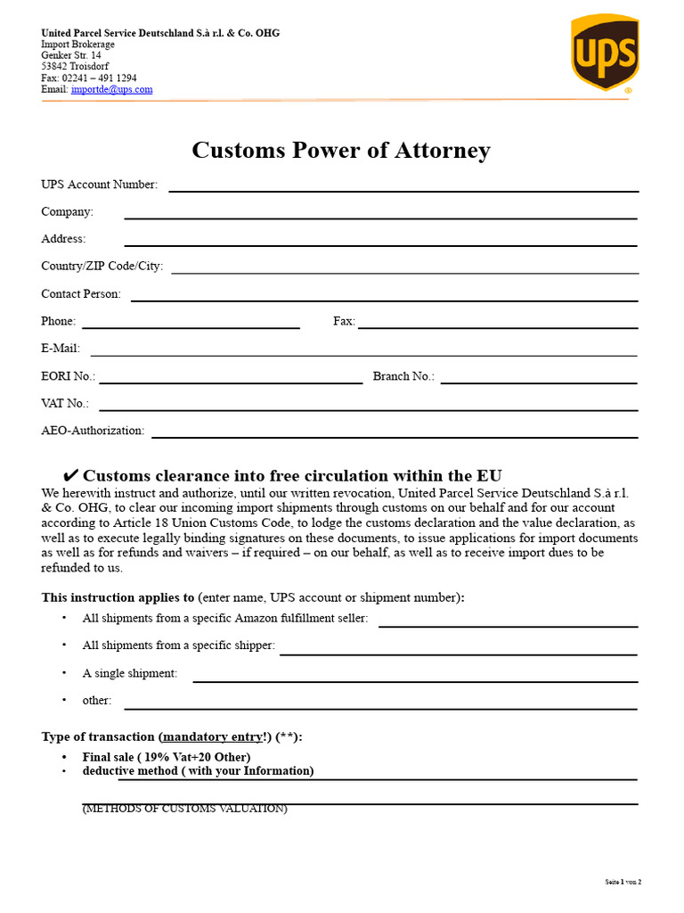 Customs Power of Attorney: Customs Clearance Into Free Circulation ...