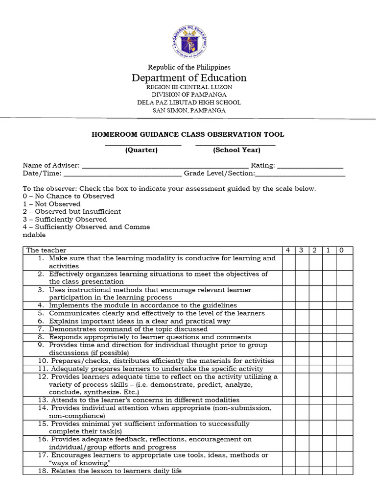 Homeroom Guidance Class Observation Tool | PDF