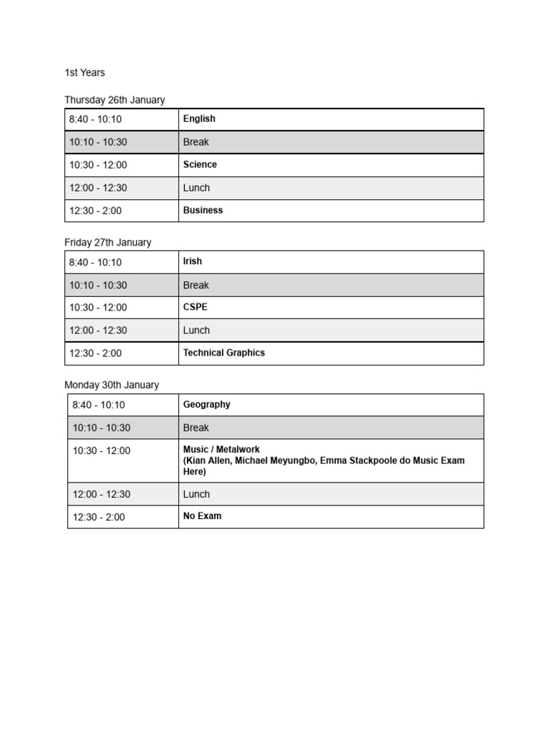 1st Year Student Timetable | PDF