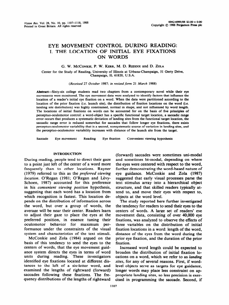 Eye Movement Control During Reading The Location of Initial Eye Fixations On Words | PDF ...