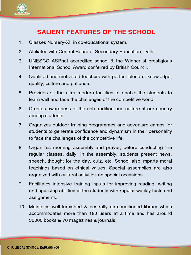O.P. Jindal School: Features & Facilities | PDF | Laboratories | Schools