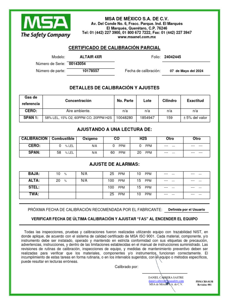 CERTIFICADO MSA 00143054 | PDF | Calibración | Metrología