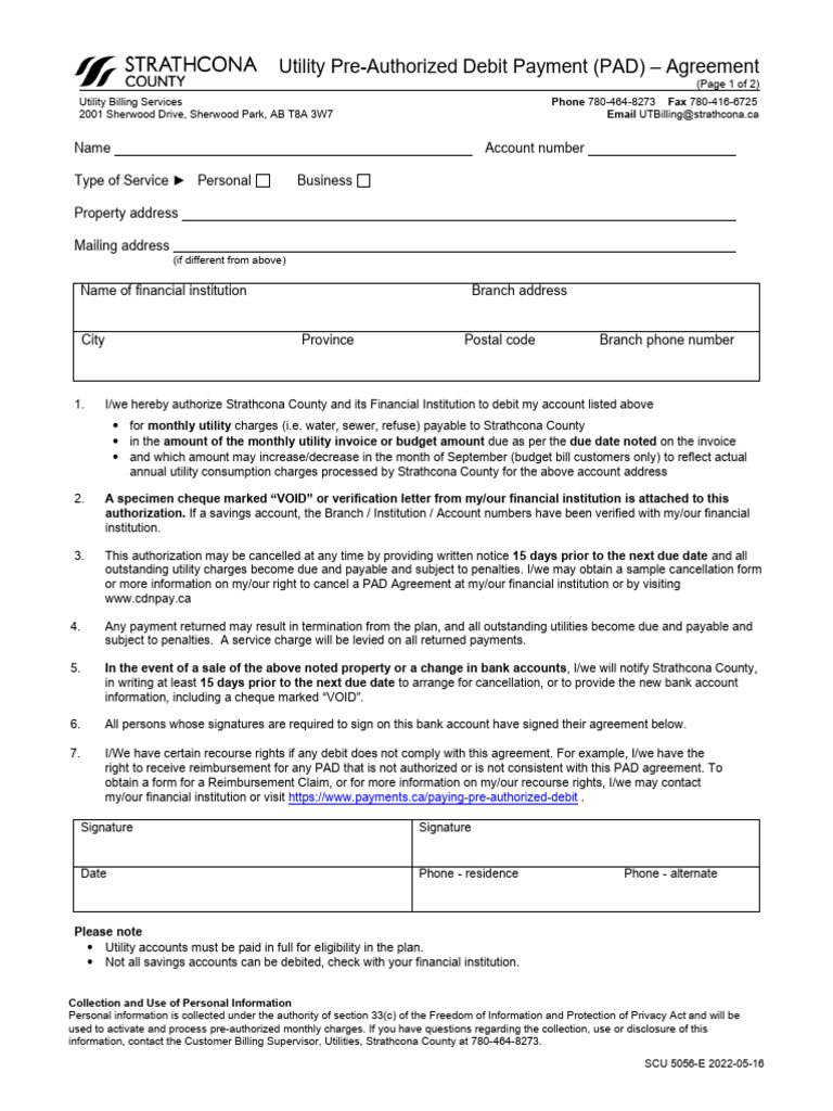 Strathcona Utilities Pap Form Pdf Cheque Debit Card