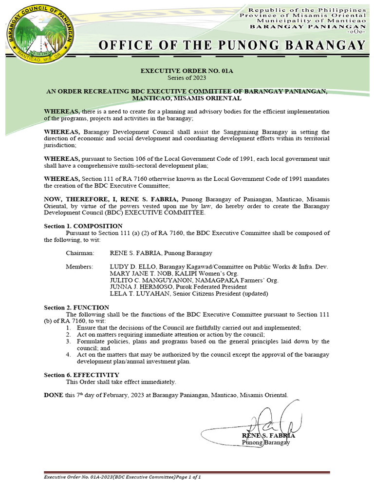 Barangay Paniangan BDC Executive Order | PDF | Governance | Justice