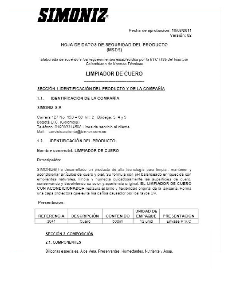 Hoja de seguridad SIMONIZ | PDF