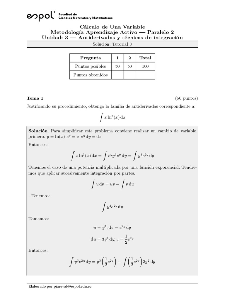 2024 I PAO CUV P2 Tut3 Solución | PDF | Integral | Matemáticas