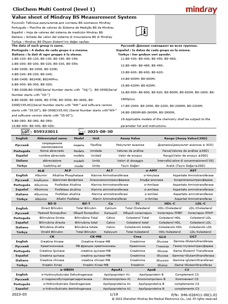 0593 ClinChem Multi Control (Level 1) | PDF