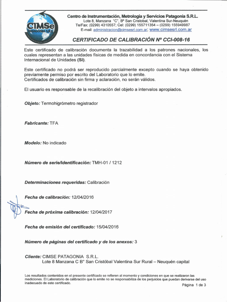 Certificado Calibración Termohigrómetro | PDF | Calibración | Metrología