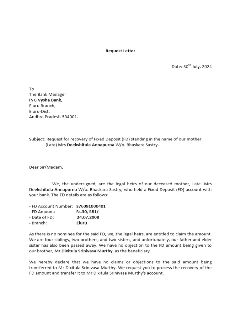 Fixed Deposit Recovery Request Letter | PDF