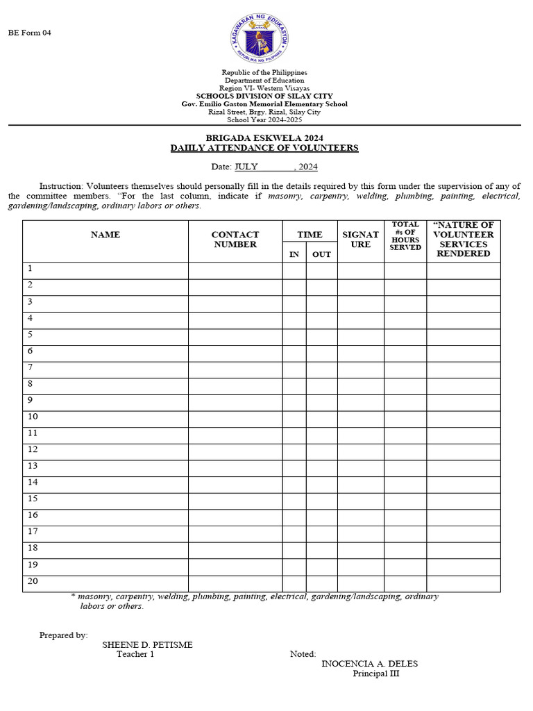 Brigada Eskwela 2024 Attendance Form | PDF