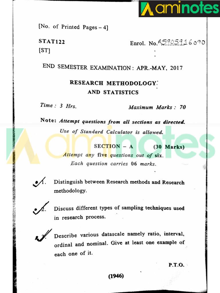 Research Methodology and Statistics (STAT112) - Question Paper - Semester2 - AIFS2017 | PDF