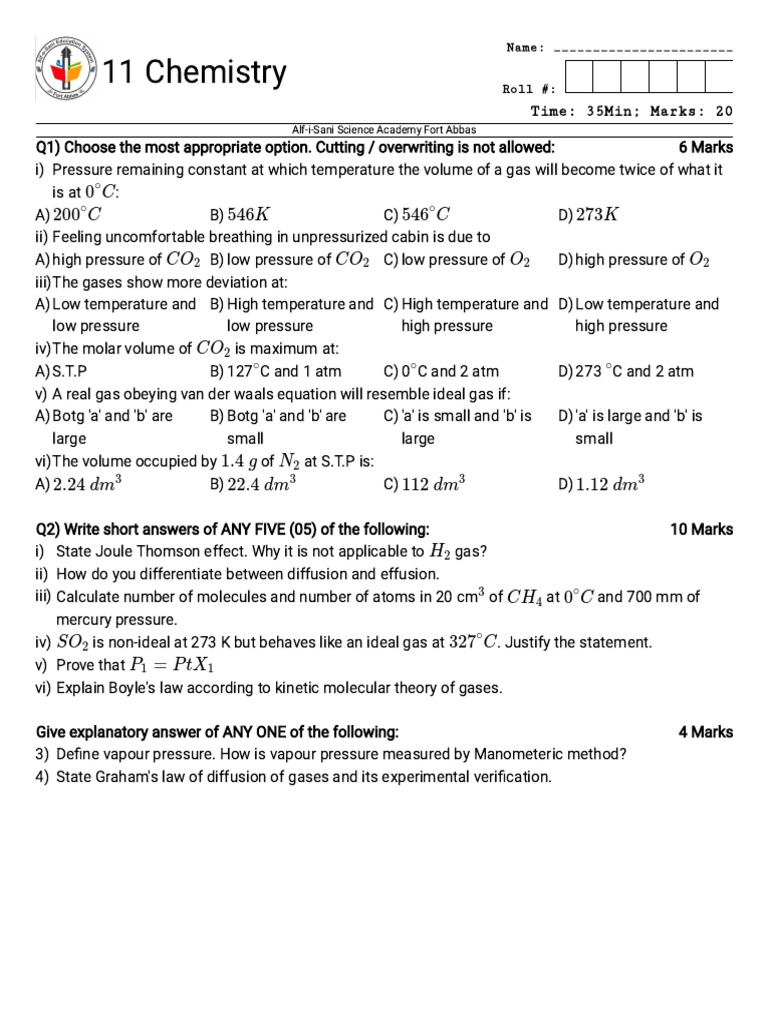 Chemistry Quiz: Gas Laws & Concepts | PDF | Gases | Pressure