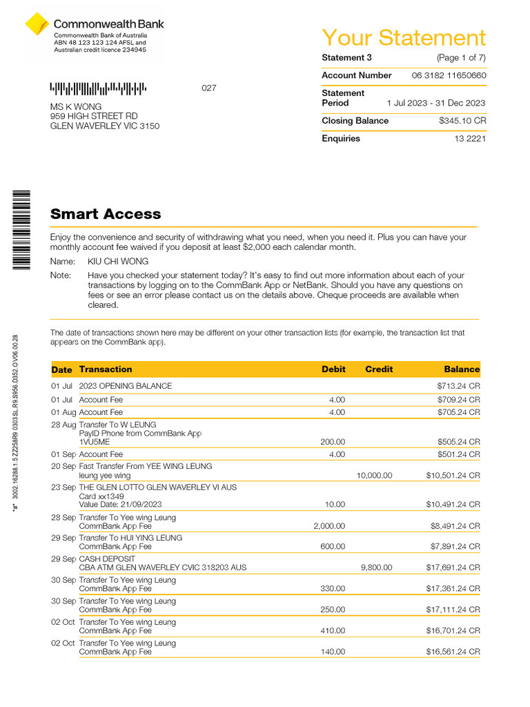 CommBank Statement Jul-Dec 2023 | PDF | Debit Card | Credit Card