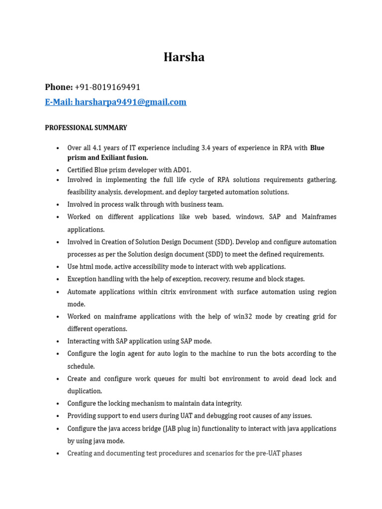 Harsha RPA Resume October 2023 | PDF | Unit Testing | Microsoft Excel